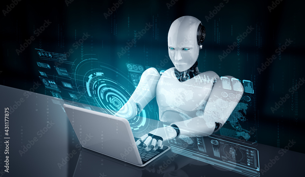 Robot humanoid use laptop and sit at table for big data analytic using ...