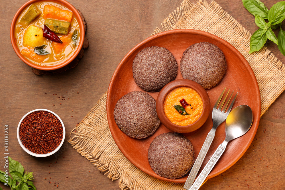 South Indian breakfast Ragi Idly, nachni idly, finger millet Idli in ...