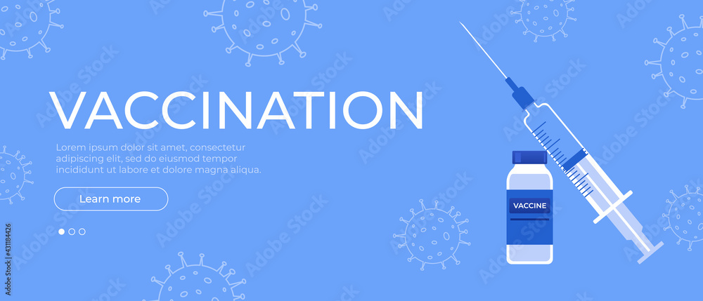 Horizontal vector banner with Covid-19 vaccine on blue background ...