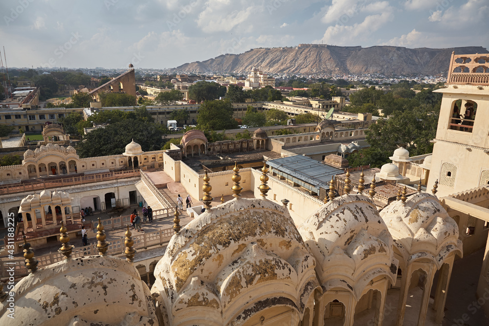 View from the Hawa Mahal to the palace and Jantar Mantar. Daylight ...