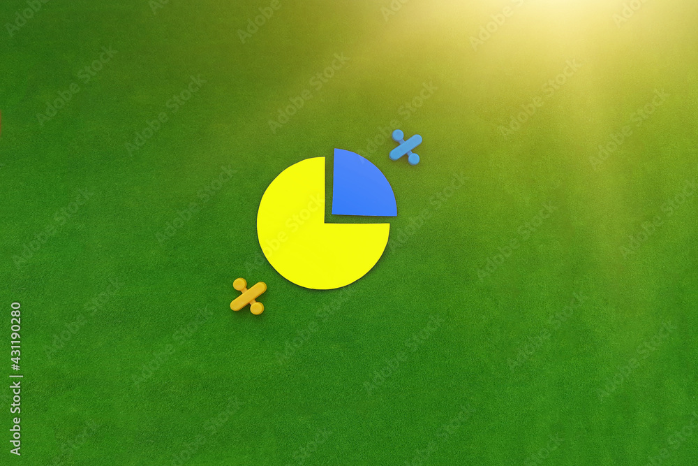 Round chart, percentages of yellow and blue on a green background ...