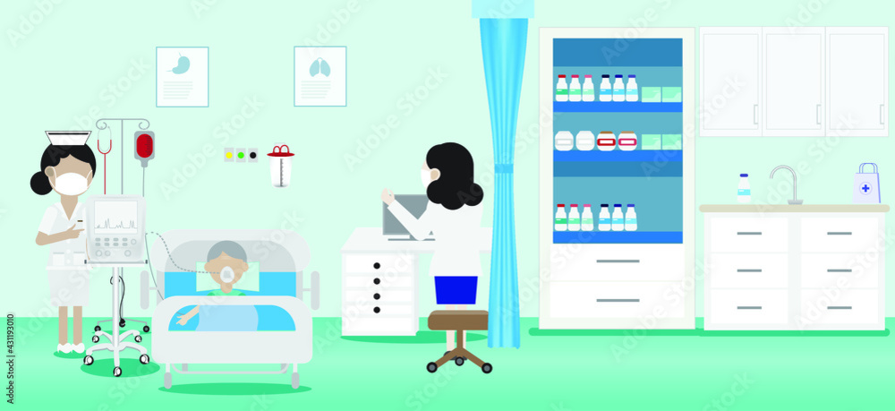 Illustration of elderly person in coma lying on bed with a Ventilator ...