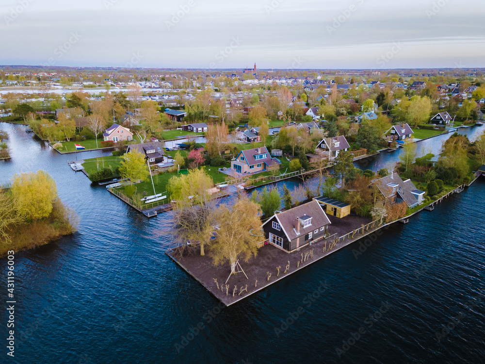 Aerial view of small islands in the Lake Vinkeveense Plassen, near Vinkeveen, Holland. It is a ...