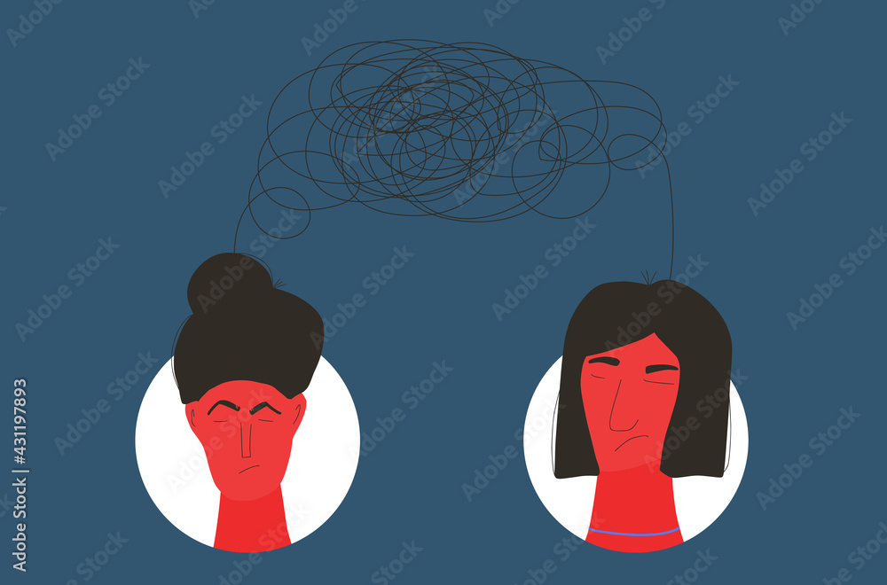 Bad relationship. Conflict. Female people with lot of confusing ...