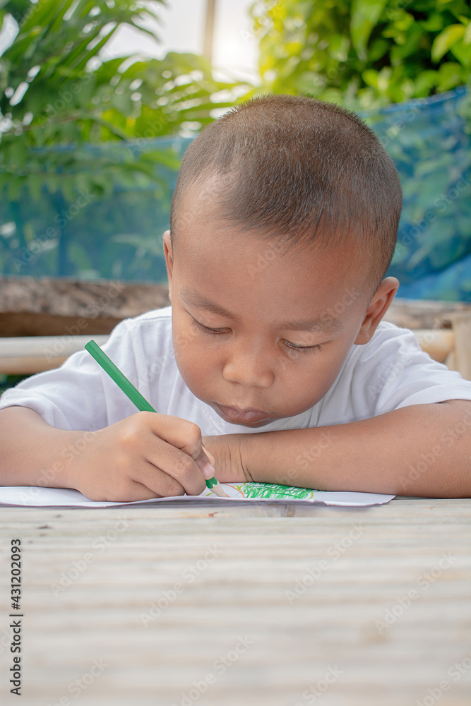 Boy drawing using a colored pencils drawing while and learning with ...