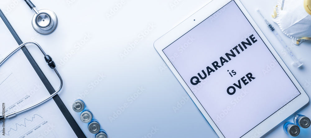 End of quarantine. Medical equipment: doctor stethoscope, hospital ...