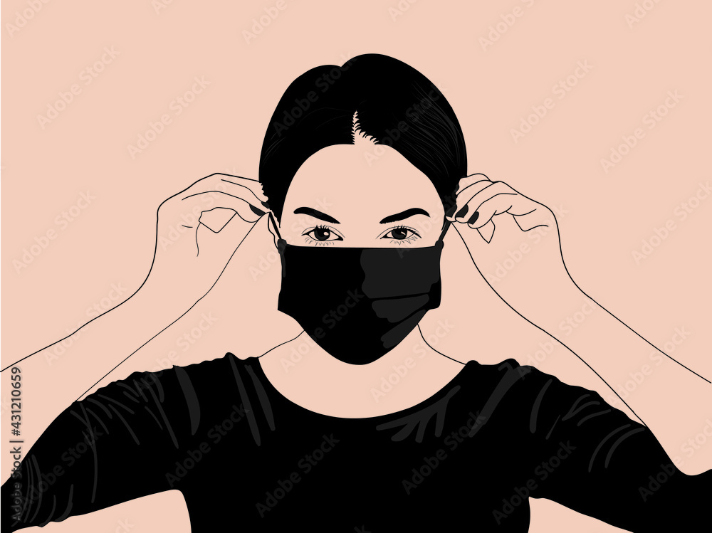 Fictional young girl wearing triple layered mask to avoid covid19 ...