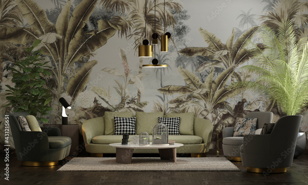 Interior design for a luxurious living room set with planting decor ...