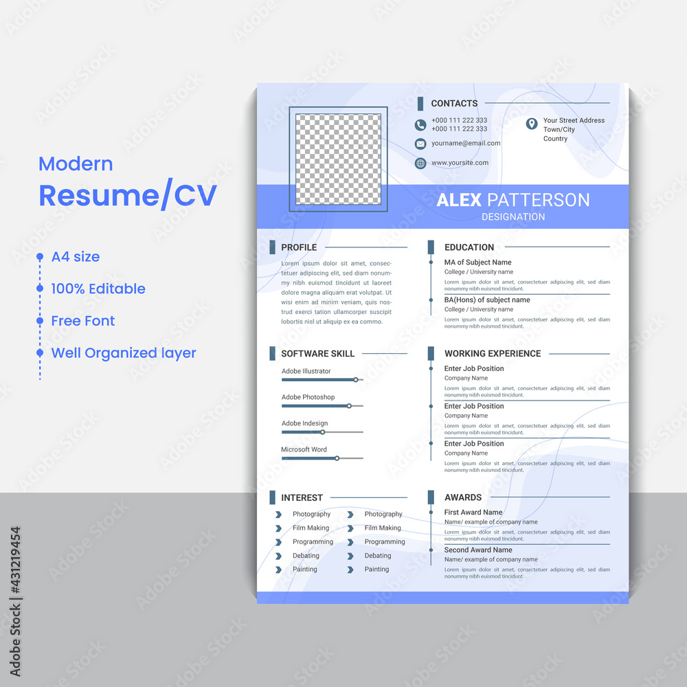 Clean Resume /CV Template; Modern Resume/CV Vector Template; A4 size ...