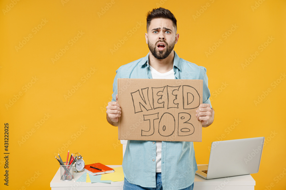 Young sad serious employee business man wear shirt stand work white ...