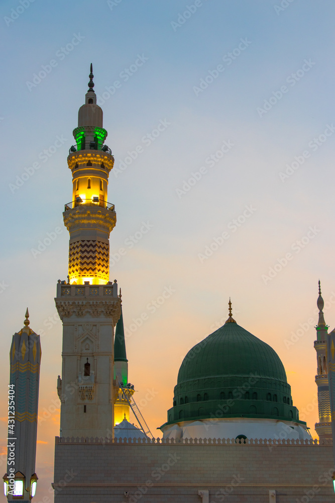 An evening view from the Masjid Nabawi in Medina. Dome of Prophet ...