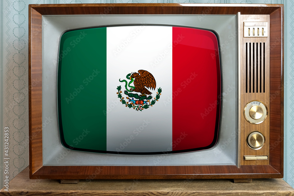 old tube vintage TV with the national flag of mexico on the screen, the ...