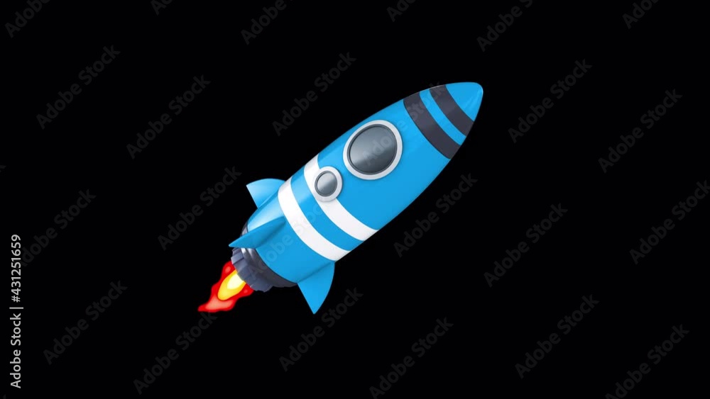 3D Flying Blue Space Rocket. Cartoon animation on transparent background. Looped video. Alpha ...