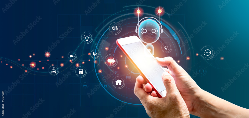 Man's hand using smartphone to connecting data information and ...