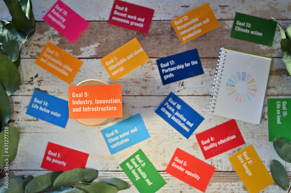 There is a card with the statement Goal 9:Industry, Innovation, and ...