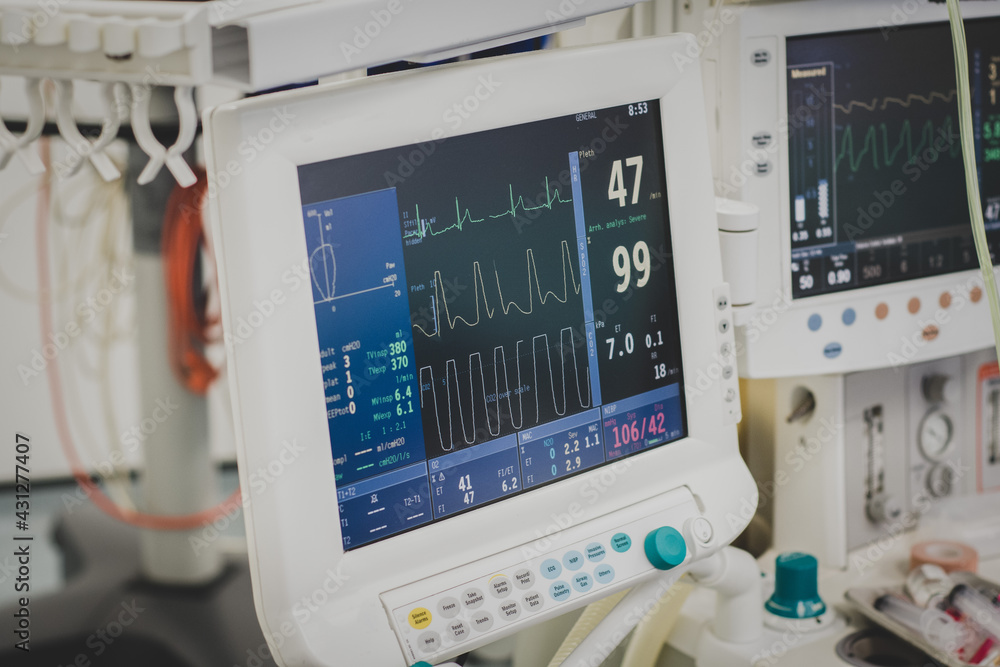 Anaesthesia monitor in theatre showing pulse, oxygen saturation, ECG ...