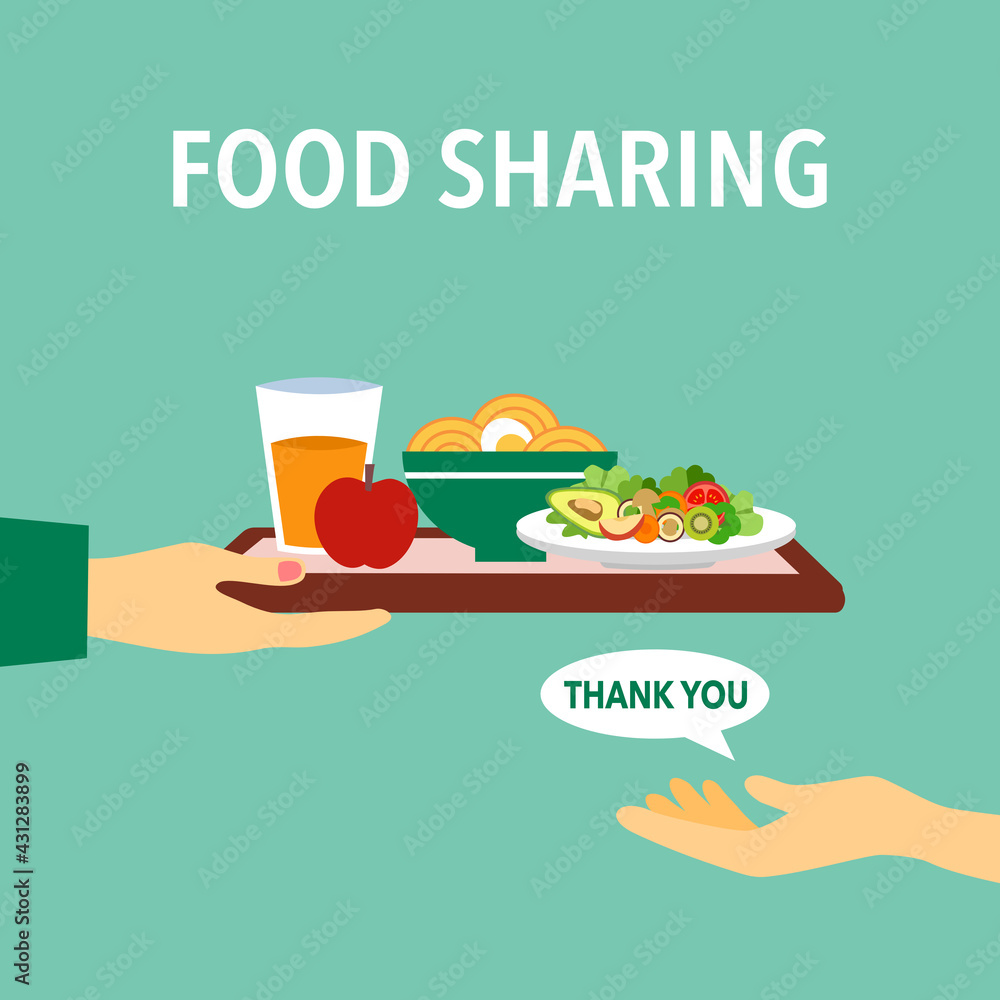 Food sharing concept vector illustration. Hand giving tray of food ...