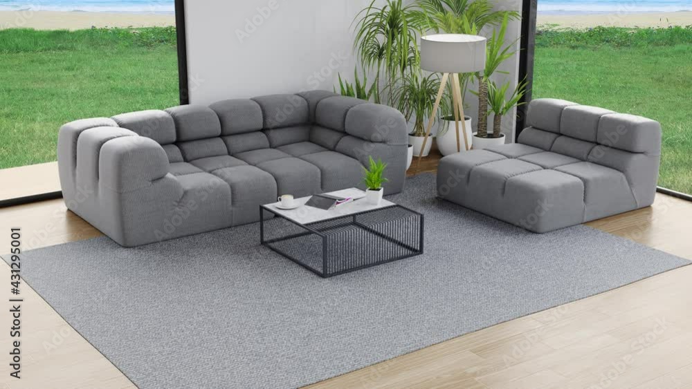 Carpet and sofa on wooden floor of large living room in modern house or ...