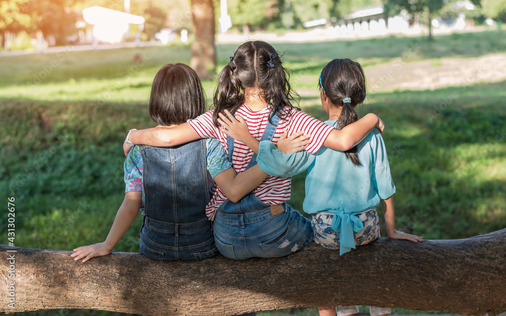 Children friendship concept with happy girl kids in the park having fun ...