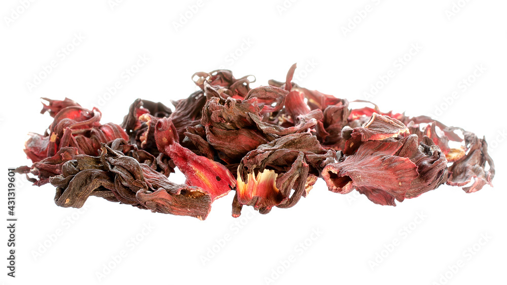Pile of dried karkade flowers isolated on white background. Dry tea ...