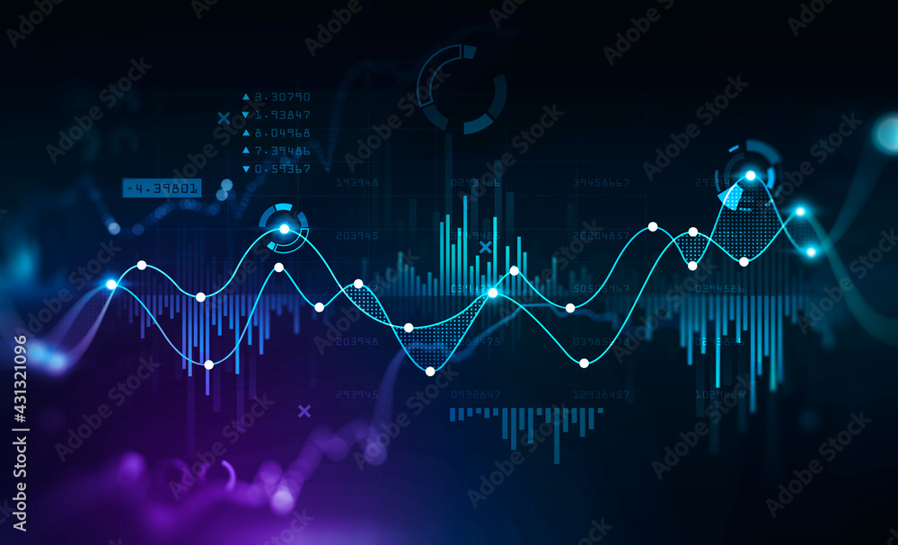 Virtual stock market lines and financial charts over dark background ...