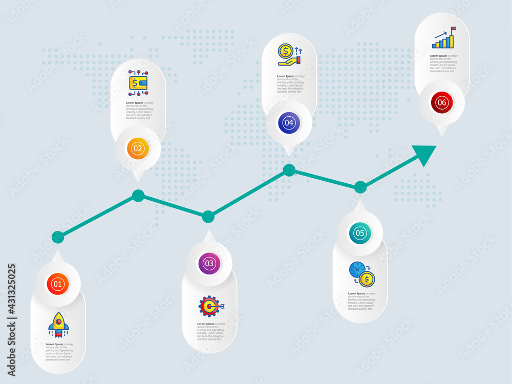 abstract horizontal growth graph infographics 6 steps with icon ...