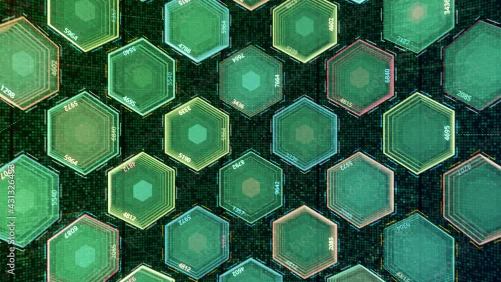 Slowly blinking hexagon figures of blue and green colors, seamless loop ...
