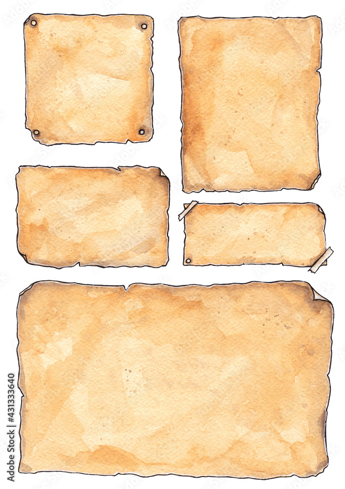 Watercolor drawing old paper on a white background. Isolated pieces of ...