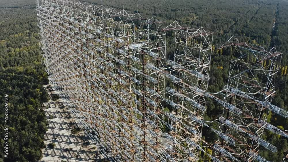 Aerial Drone view of Duga horizon radar system in Chernobyl. Woodpecker ...