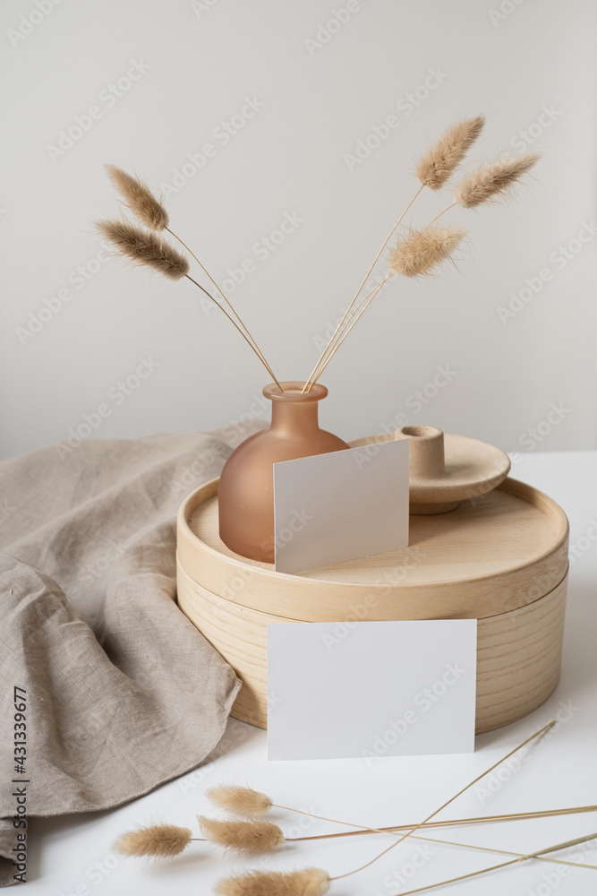 Blank paper sheet cards with mockup copy space, rabbit tail grass ...