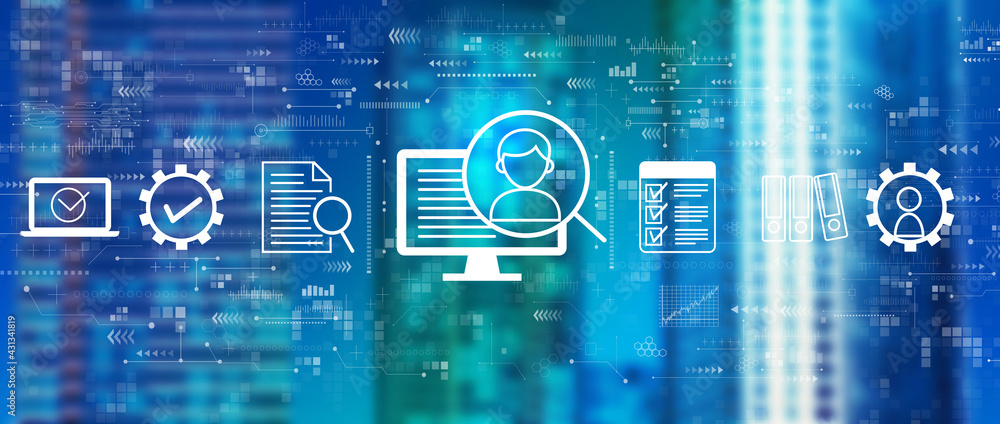 Document management system concept with downtown skyline Stock Photo ...