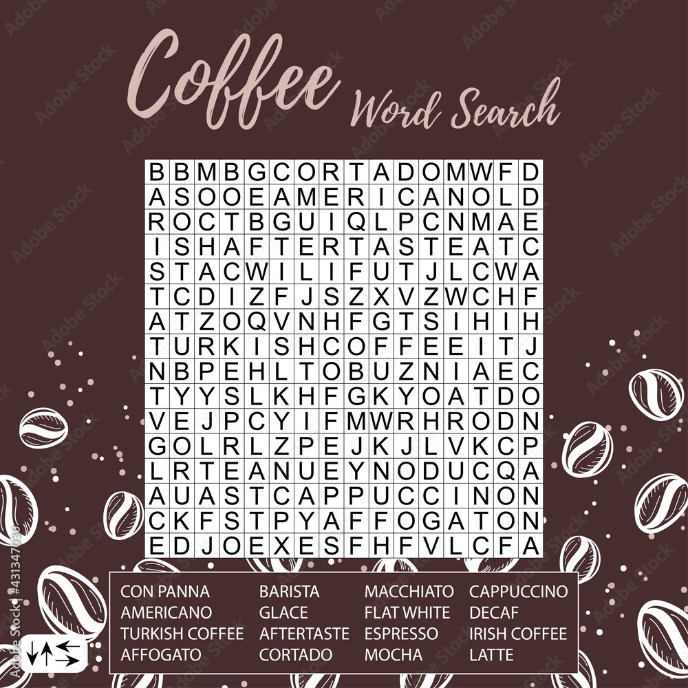 Coffee word search puzzle. Crossword suitable for social media post ...