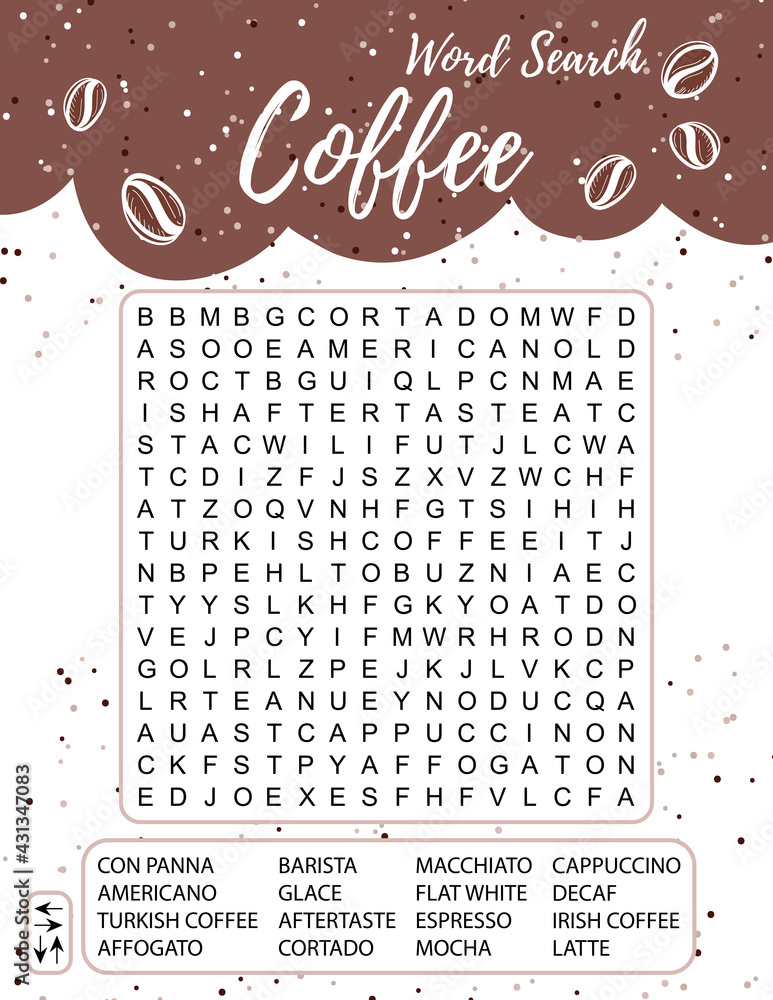Coffee Word Search Puzzle Crossword Suitable For Social Media Post
