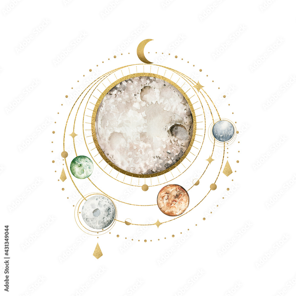 Handpanted set of mystical and mysterious cosmos. Golden skulls, space ...