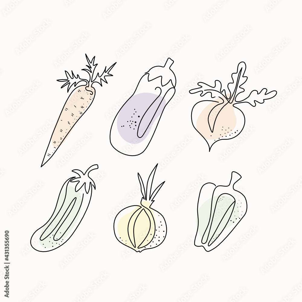Set of vegetables in the style of line art. One line drawing. Vector ...