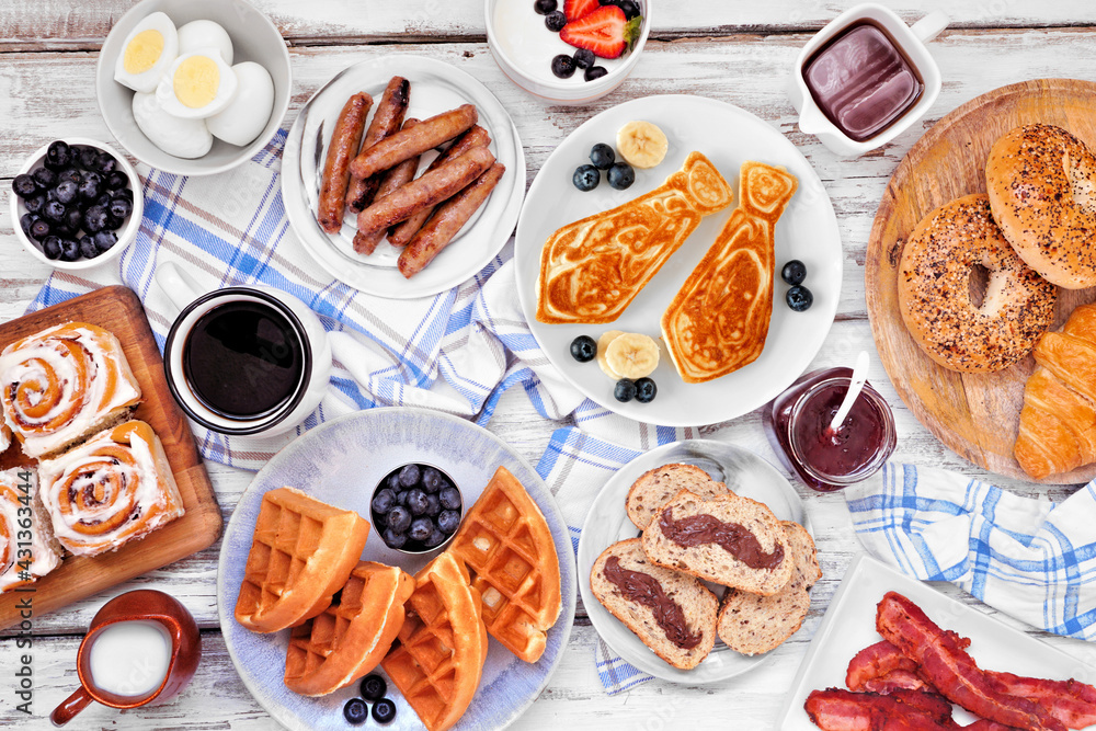 Fathers Day breakfast table scene. Top view on a white wood background ...