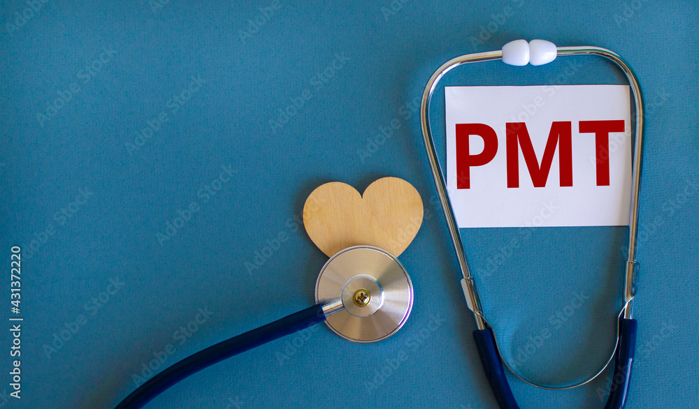 Medical and PMT, premenstrual tension symbol. White card with the word ...