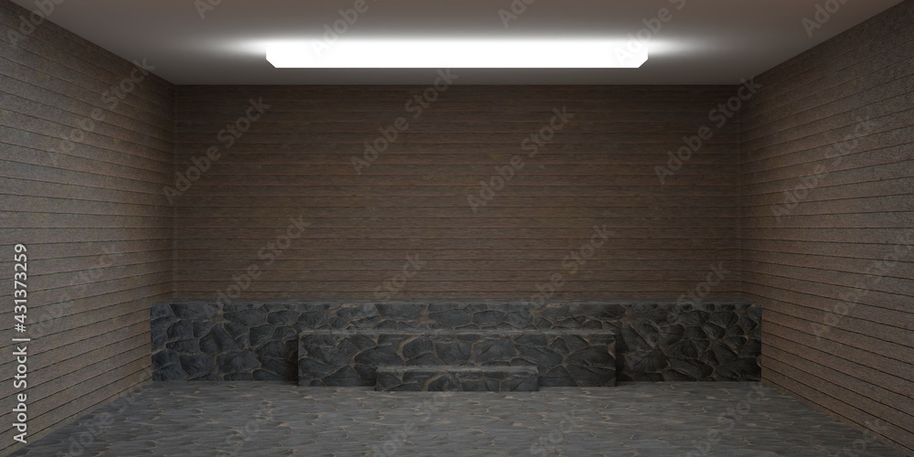 Empty room with wood wall and rock tiles floor. 3D rendering. Stock ...