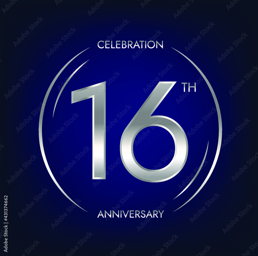 16th anniversary. Sixteen years birthday celebration banner in silver ...