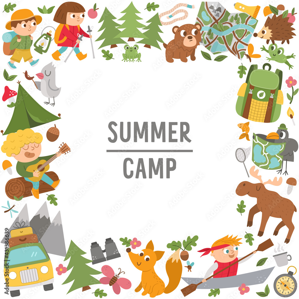 Vector square frame or border with cute comic forest animals, elements ...