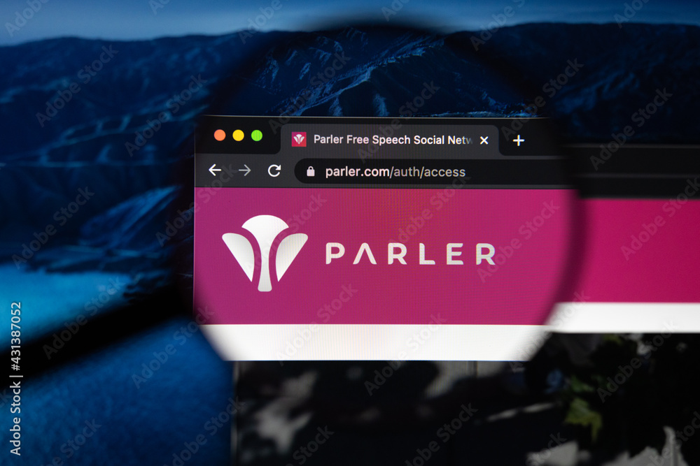 Parler social media logo the official website, seen on a computer ...