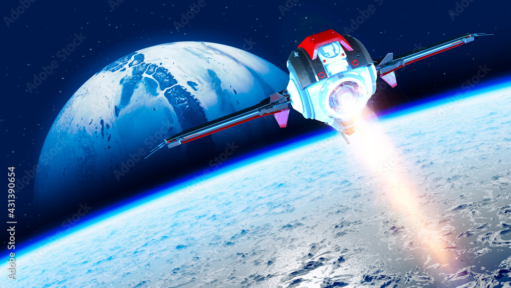 Spaceship traveling between planets of distant galaxies. Exploration of ...