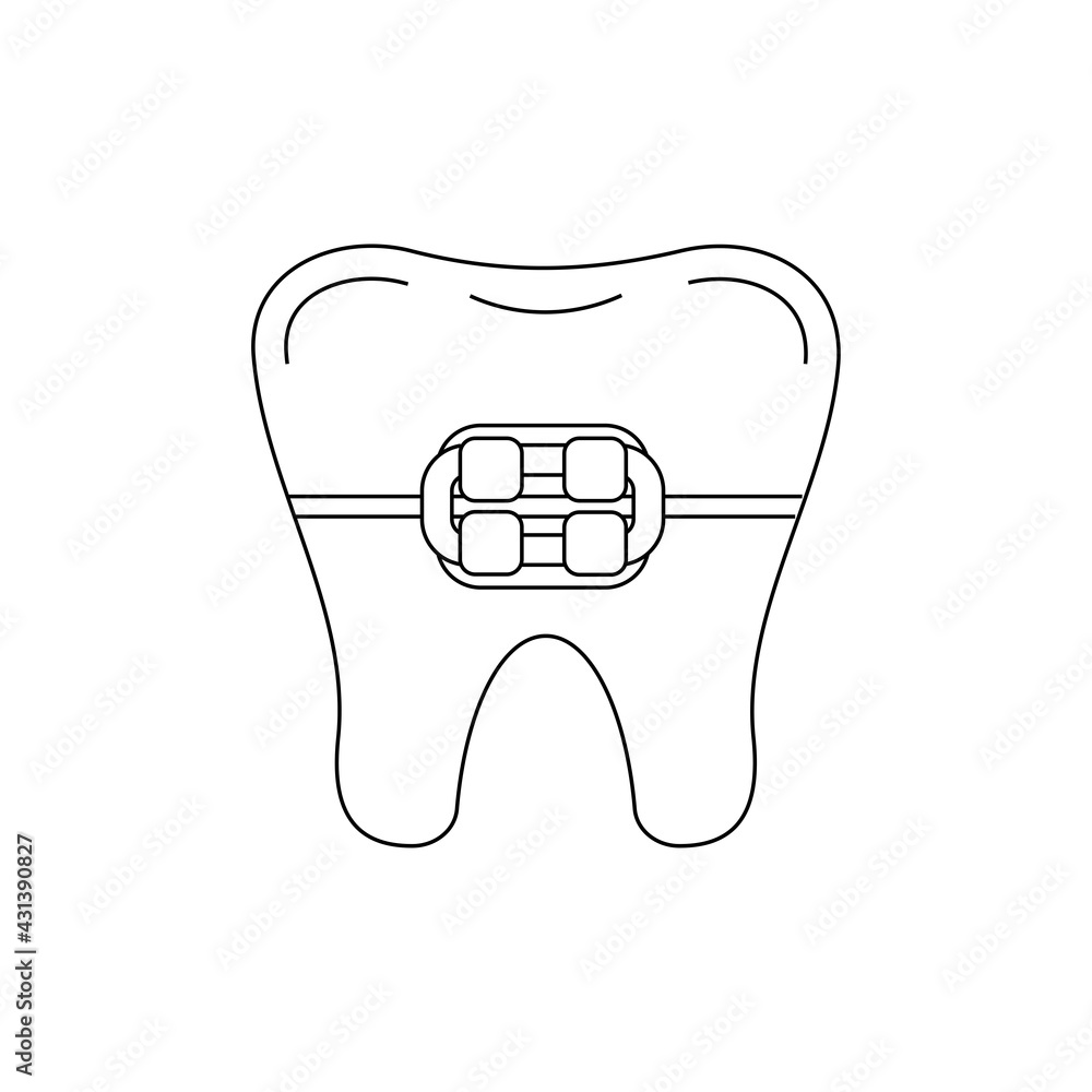 Tooth in braces dental line art icon isolated on white background ...
