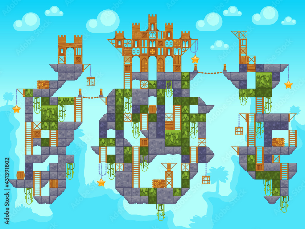 Game level background with platforms landscape. Location with wooden ...