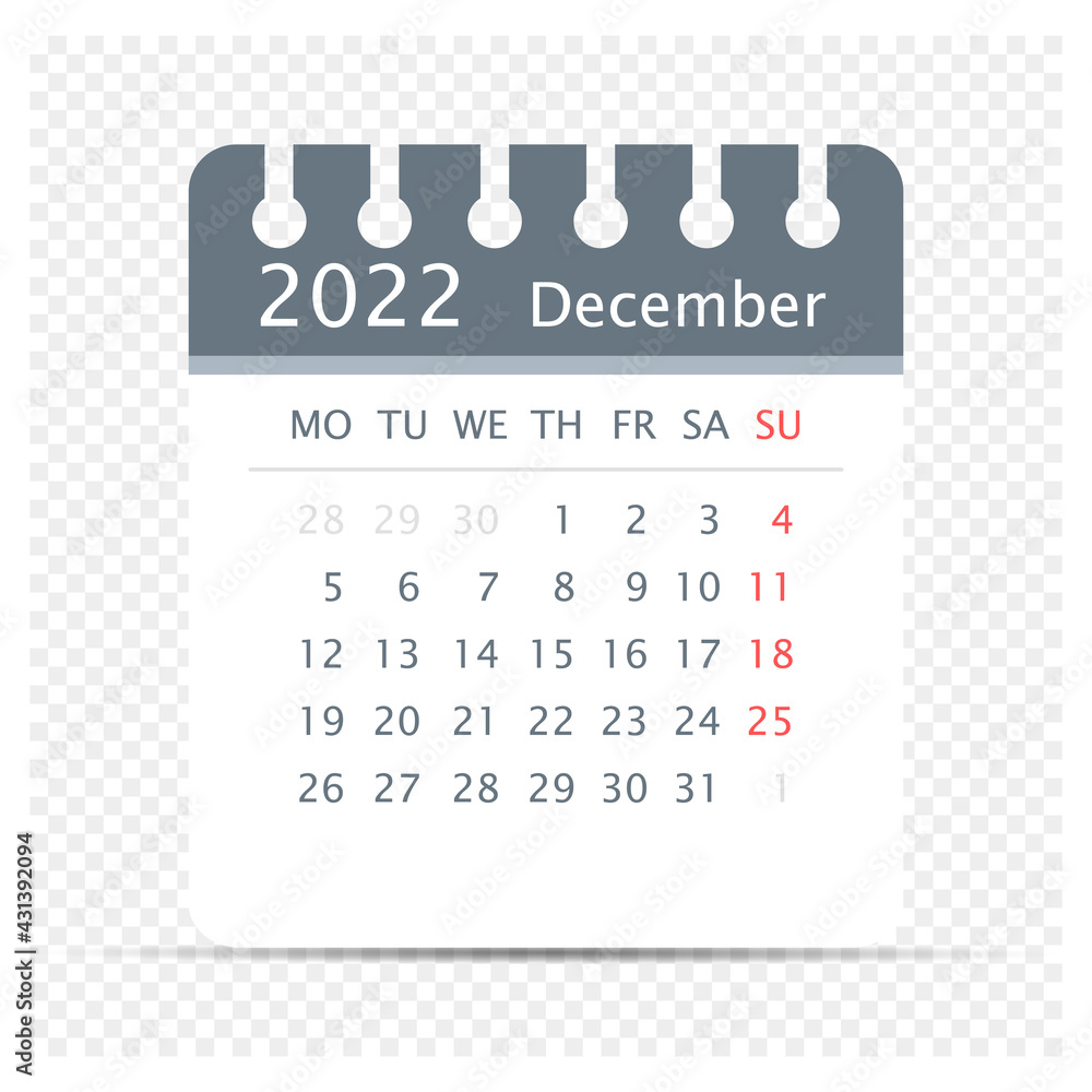 December 2022 - Calendar Icon - Extra days - Week Starts On Monday ...