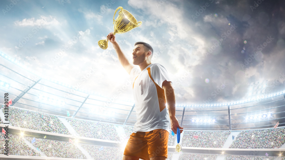 Soccer winner. Professional soccer player celebrates winning the open ...