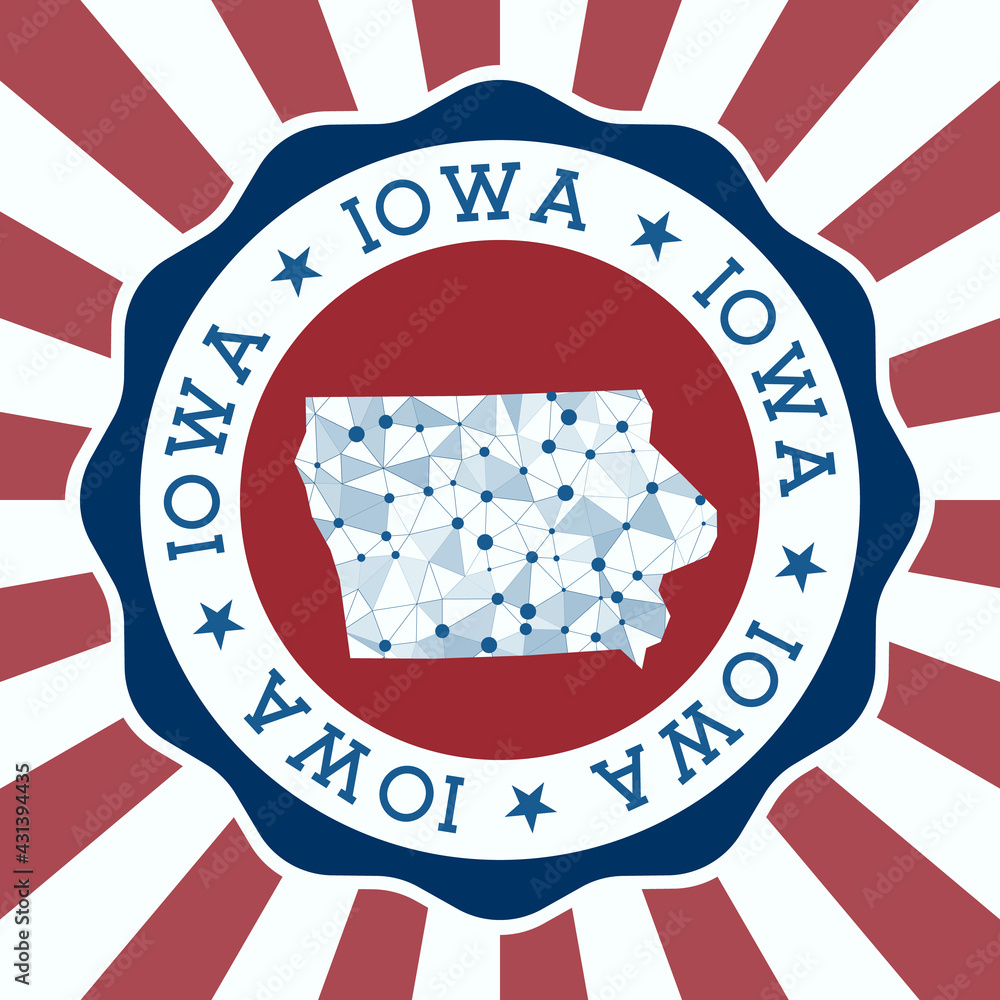 Iowa Badge. Round logo of us state with triangular mesh map and radial ...