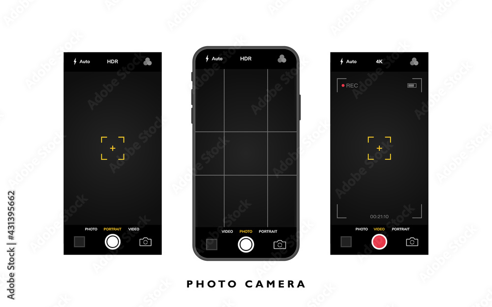 Mobile phone with camera interface. Mobile app application. Photo and ...