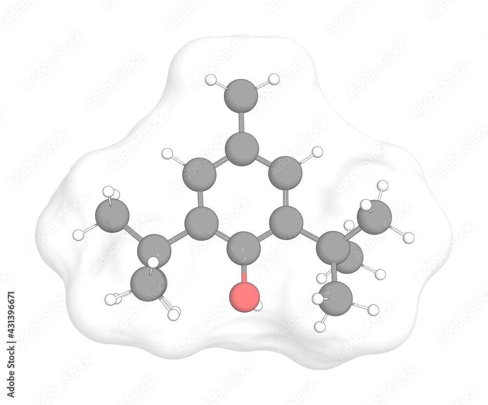 3D rendering of Butylated Hydroxytoluene with white transparent surface ...