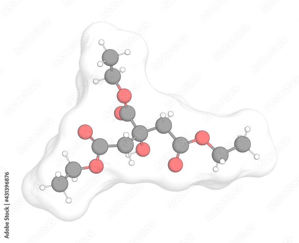 3D rendering of Triethyl Citrate with white transparent surface over a ...